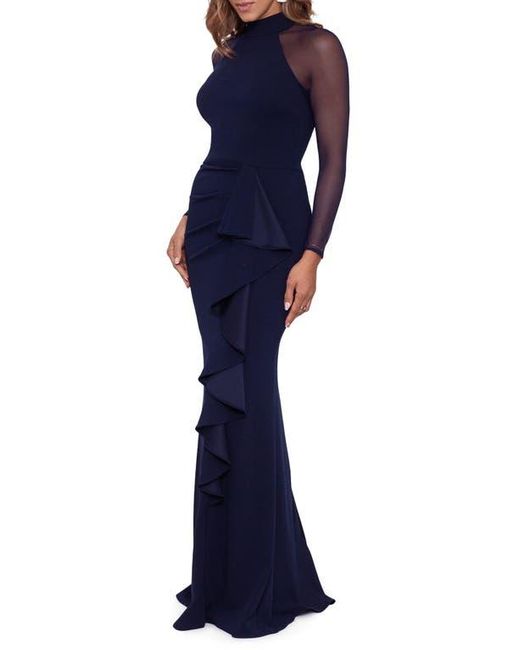 Betsy & Adam Illusion Mesh Long Sleeve Scuba Column Gown in Blue | Lyst