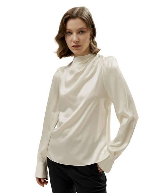 LILYSILK Asymmetrical Silk Blouse With Puff Sleeves in Natural | Lyst