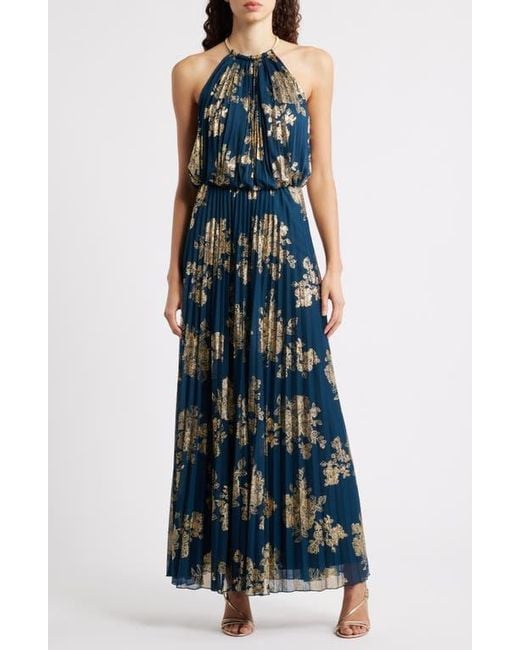 Halogen® Pleated High Neck Maxi Dress in Blue | Lyst