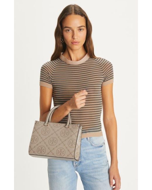 Tory Burch T Monogram Embossed Jacquard Square Tote in Natural | Lyst