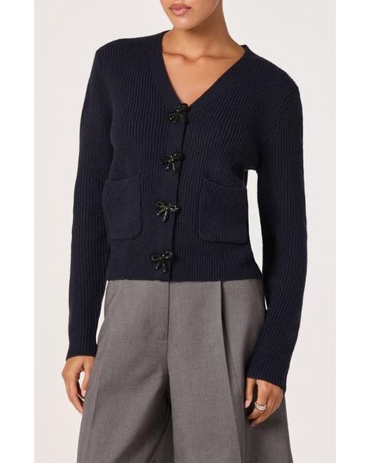 Astr Crystal Embellished Bow Detail Cardigan in Blue | Lyst