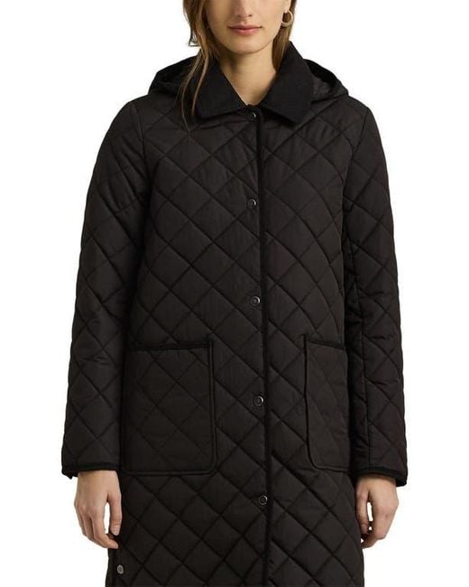 Ralph Lauren Hooded Longline Quilted Jacket in Black | Lyst