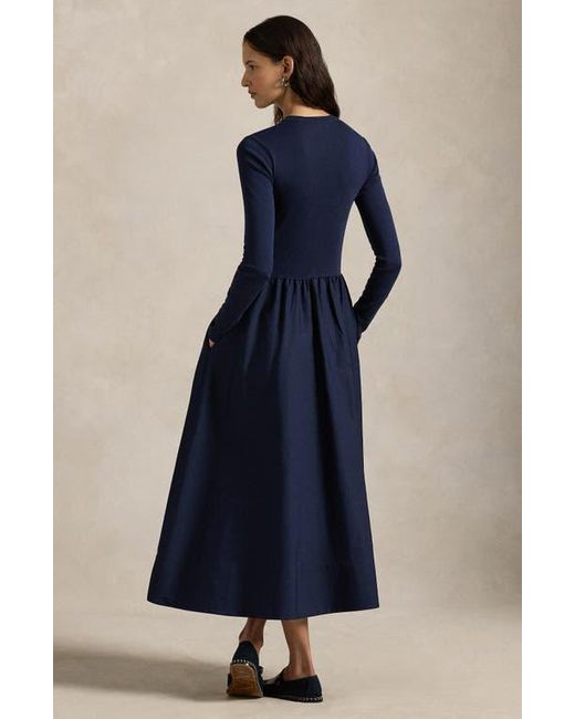 Polo Ralph Lauren Mixed Media Long Sleeve Cotton Dress in Blue | Lyst