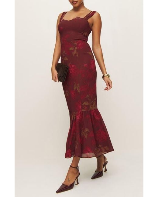 Reformation Irisa Floral Trumpet Dress in Red | Lyst