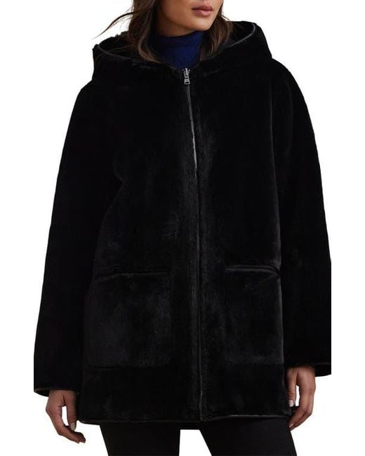 Ralph Lauren Reversible Hooded Faux Fur Coat in Black | Lyst