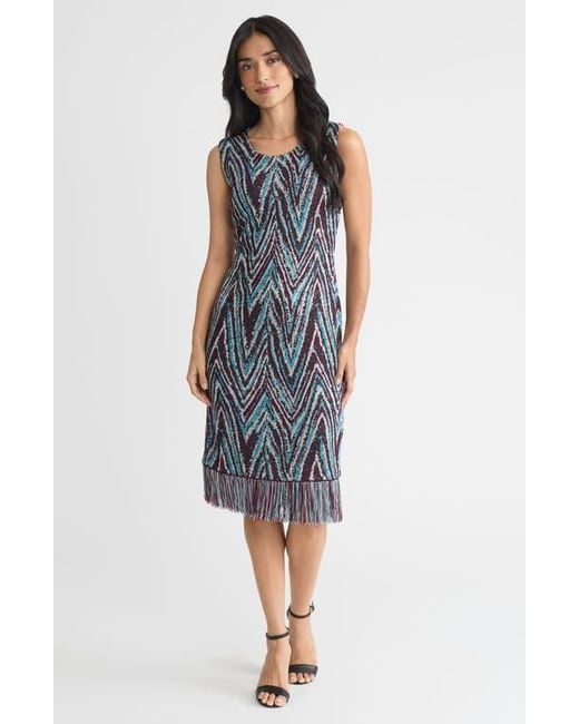 Ming Wang Lurex Fringe Trim Jacquard Knit Sheath Dress in Blue | Lyst