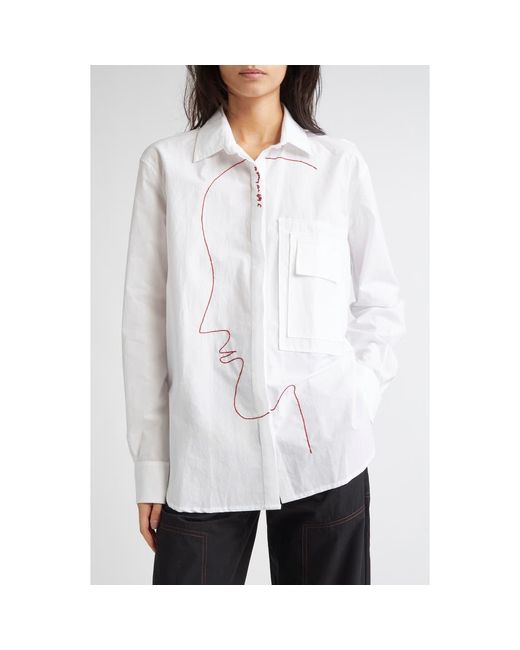 KÚR Hand-Embroidered Face Side Profile Oranbic Cotton Button-Up Shirt ...