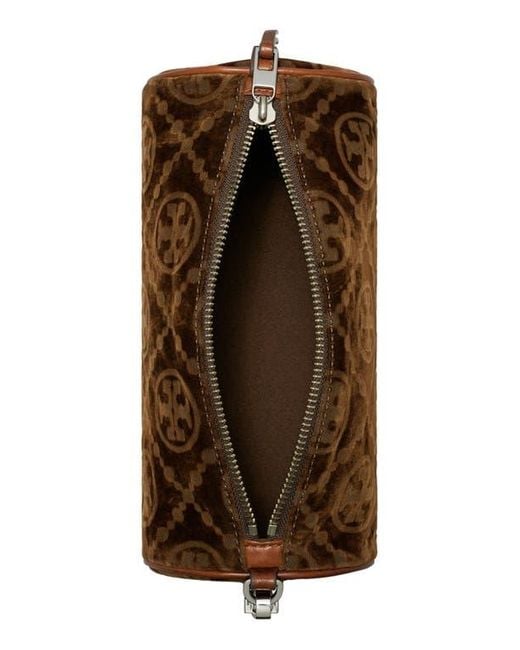Tory Burch T Monogram Flocked Velvet Cylinder Shoulder Bag in Brown | Lyst