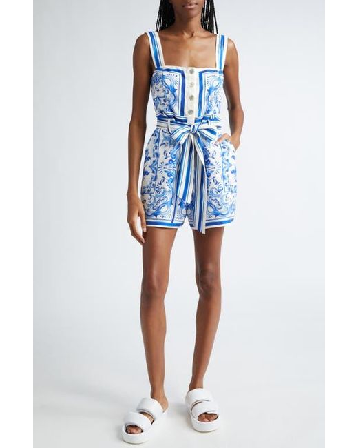 FARM Rio Garden Tiles Tie Belt Button Front Linen Blend Romper in Blue ...