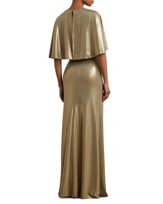 Ralph Lauren Metallic Cape Overlay Jersey Column Gown in Natural | Lyst