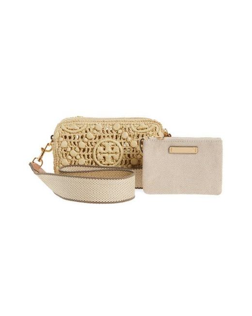 Tory Burch Mini Miller T Monogram Raffia Crossbody Bag in Metallic | Lyst