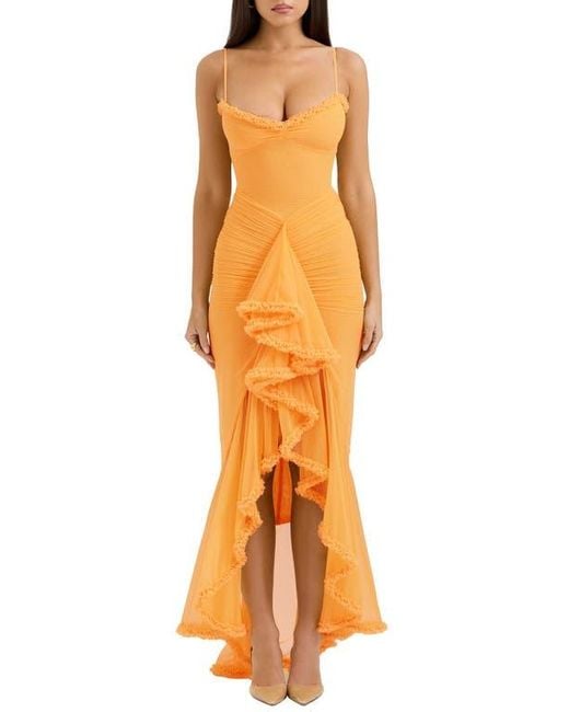 House Of Cb Gabbi Ruffle Mesh High-Low Cocktail Dress in Yellow | Lyst