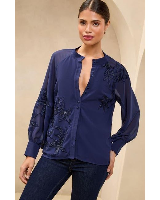 Lipsy Floral Appliqué Band Collar Button-Up Shirt in Blue | Lyst