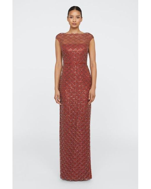 THEIA Aura Beaded Column Gown in Red | Lyst