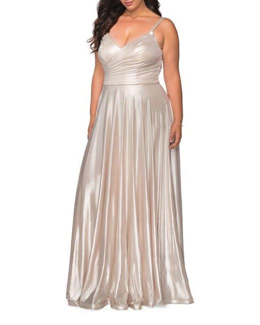 La Femme Metallic Grecian Long Plus Size Dress | Lyst