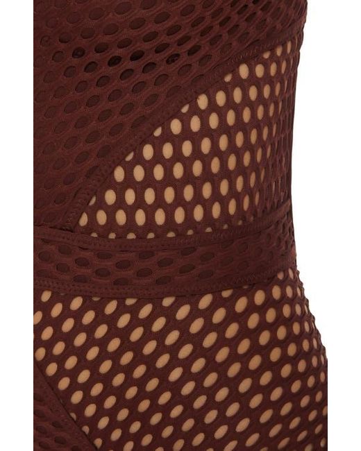 Becca Castaway Fishnet Plunge One-Piece Swimsuit in Brown | Lyst