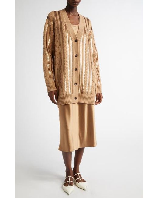 Max Mara Sequin Cable Stitch Wool & Cashmere Cardigan in Natural | Lyst