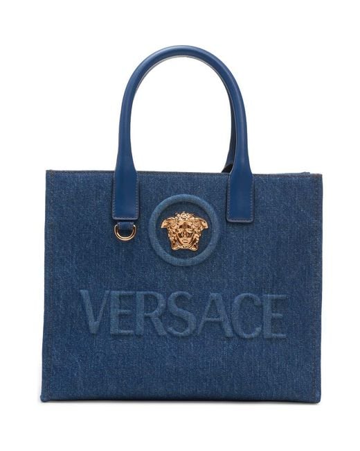 Versace Small La Medusa Denim Tote in Blue | Lyst