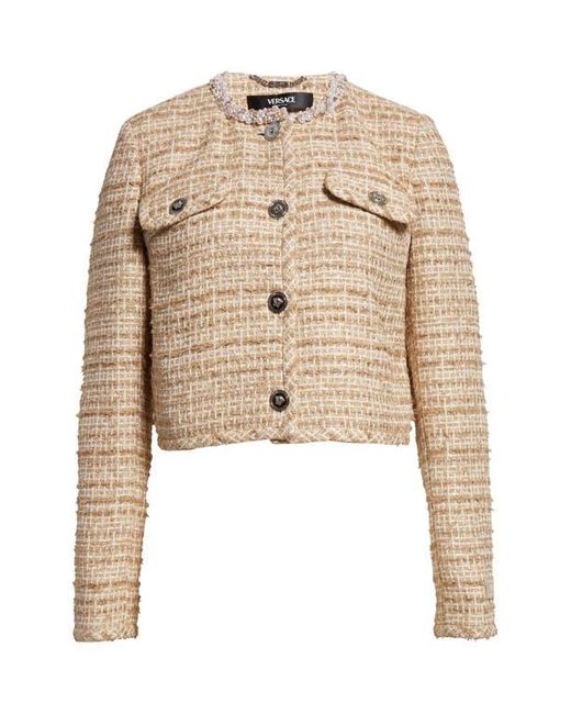 Versace Embellished Tweed Crop Jacket in Blue | Lyst