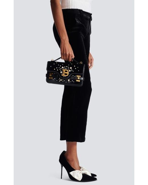 Balmain B-Buzz 24 Embellished Velvet Top Handle Bag in Black | Lyst