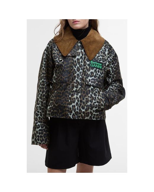 Barbour X Ganni Leopard Print Waxed Cotton Jacket in Black | Lyst