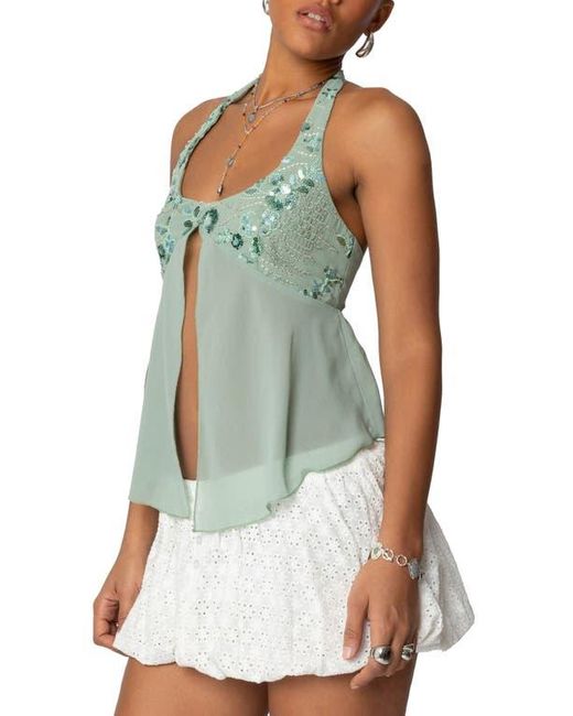 Edikted Floral Sequin Split Chiffon Halter Top in White | Lyst