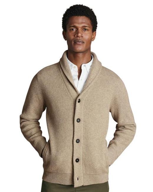 Charles Tyrwhitt Merino Button Through Funnel Neck Cardigan in Natural ...