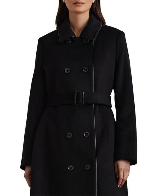 Ralph Lauren Double Breasted Wool Blend Trench Coat in Black | Lyst