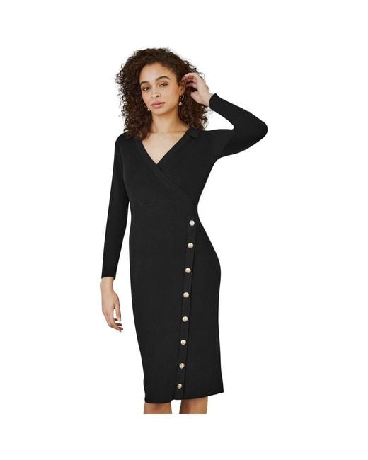 Yumi' Knitted Button Detailed Midi Dress in Black | Lyst
