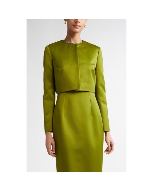 Emilia Wickstead Haydee Pleated Crop Satin Jacket in Green | Lyst