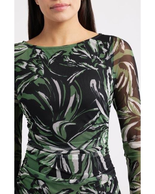 Vince Camuto Print Long Sleeve Mesh Body-Con Dress in Green | Lyst