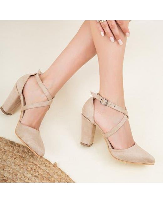 Forever & Always Shoes Sina Criss Cross High Block Heels in Pink | Lyst