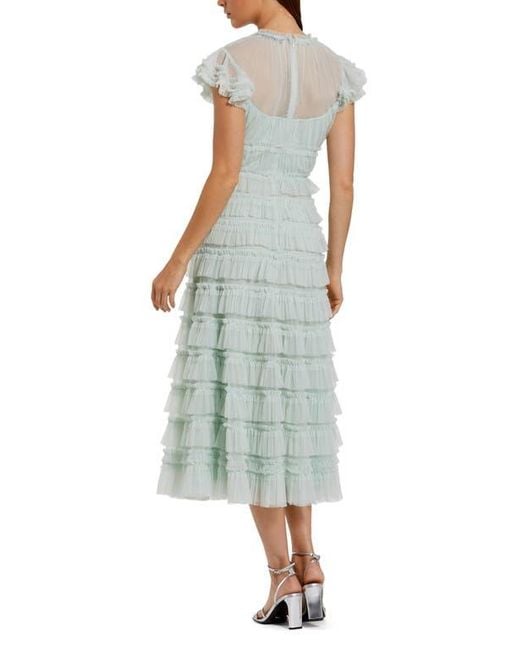 Mac Duggal Solid Mesh Dot Micro Ruffle High Neck Midi Dress in Green | Lyst
