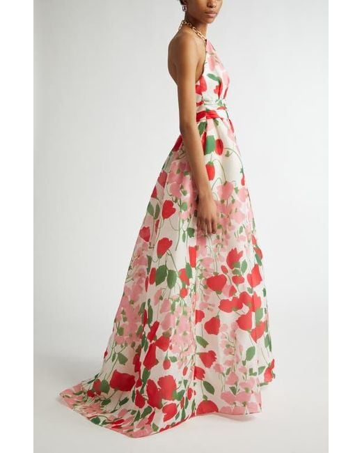 Carolina Herrera Chain Strap Floral Silk Gazar Halter Gown in Red | Lyst
