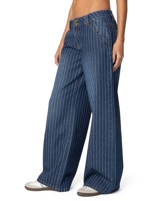 Edikted Cory Stripe Low Rise Wide Leg Jeans in Blue | Lyst