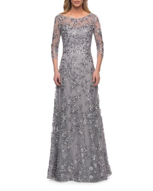 La Femme Lace Gown With Full Skirt And Sheer Lace Sleeves in Gray | Lyst
