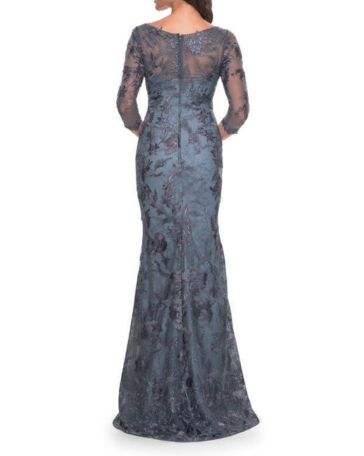 La Femme Long Fitted Lace Dress With V Neckline And Sheer Sleeves in ...