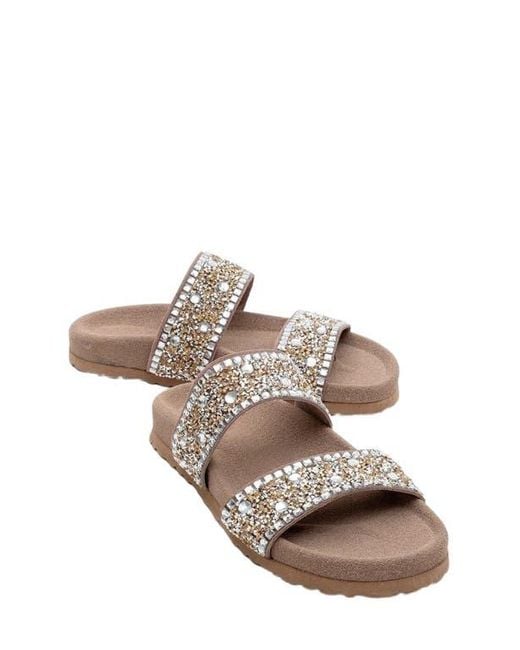 Forever & Always Shoes Jamie Leather Double Strap Slide Sandal With Stones in White | Lyst