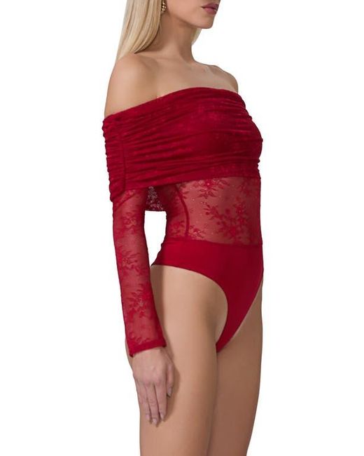 AFRM Lennox Ruched Off The Shoulder Lace Bodysuit in Red | Lyst