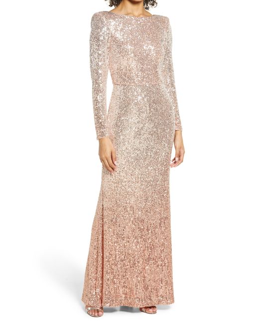 Eliza J Sequin V Back Long Sleeve Gown In Natural Lyst