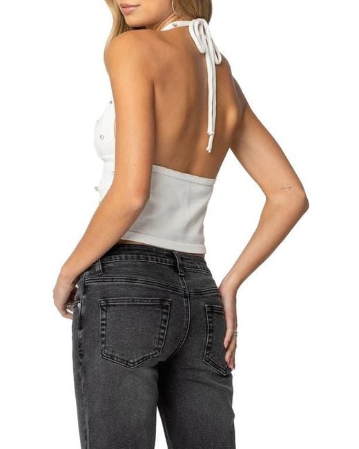 Edikted Embellished Crop Halter Top in White | Lyst