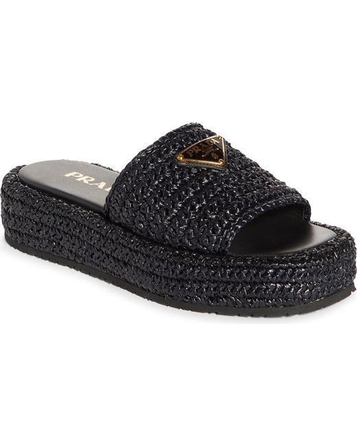 Prada Raffia Flatform Slide Sandal in Black | Lyst