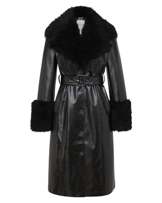 Avec Les Filles Belted Faux Fur Trim Faux Ever Leather Trench Coat In