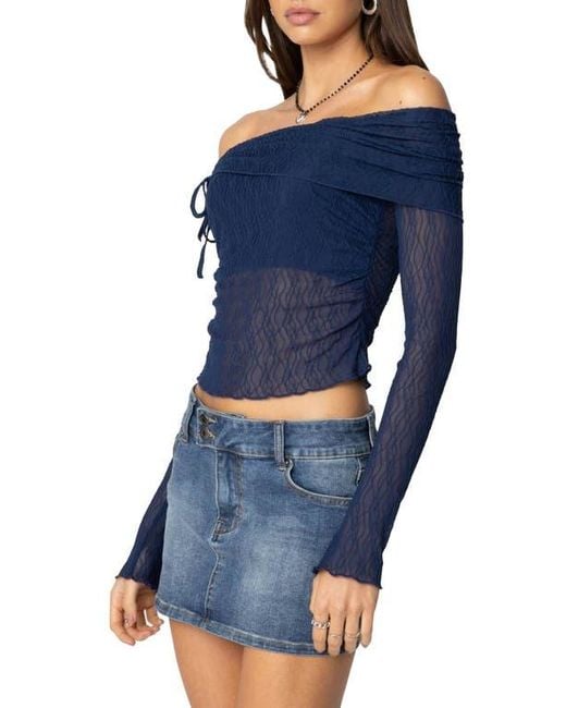 Edikted Off The Shoulder Long Sleeve Sheer Top in Blue | Lyst