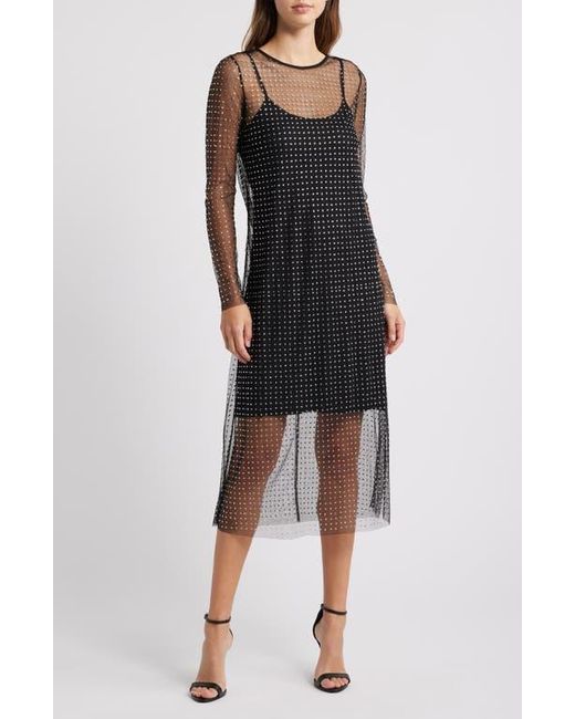 Halogen® Crystal Detail Long Sleeve Mesh Overlay Midi Dress in Black | Lyst