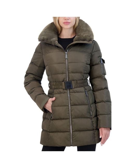 Laundry by Shelli Segal Faux Fur Trim Hooded Belted Puffer Jacket in Gray | Lyst