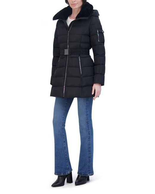 Laundry by Shelli Segal Faux Fur Trim Hooded Belted Puffer Jacket in ...