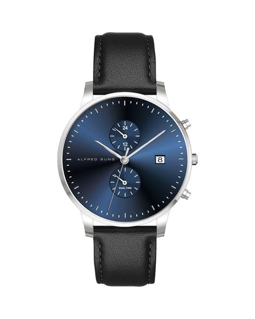 Alfred Sung Dual Time Leather Strap Watch, 42Mm in Black for Men | Lyst