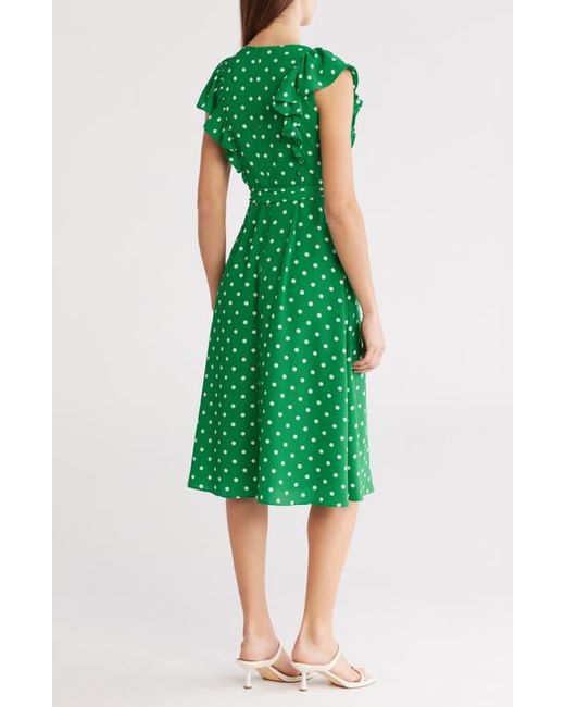 Eliza J Polka Dot Flutter Sleeve Fit & Flare Dress in Green | Lyst
