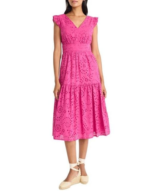 Maggy London Eyelet Ruffle Sleeve Tiered Dress in Pink | Lyst